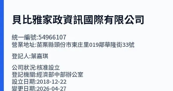 貝比雅家政資訊國際有限公司的照片-統編 54966107(苗栗縣) 公司登記資料與營業項目詳細圖表