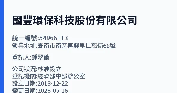 國豐環保科技股份有限公司的照片-統編 54966113(臺南市) 公司登記資料與營業項目詳細圖表