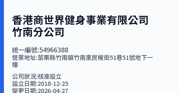 香港商世界健身事業有限公司竹南分公司的照片-統編 54966388(苗栗縣) 公司登記資料與營業項目詳細圖表