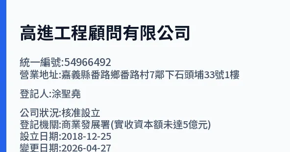 高進工程顧問有限公司的照片-統編 54966492(嘉義縣) 公司登記資料與營業項目詳細圖表