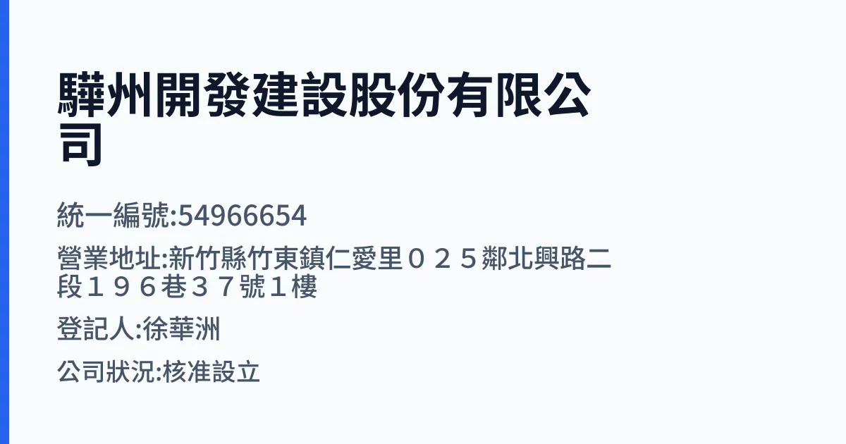 驊州開發建設股份有限公司 - 統編 54966654(新竹縣) 公司登記資料與營業項目詳細圖表