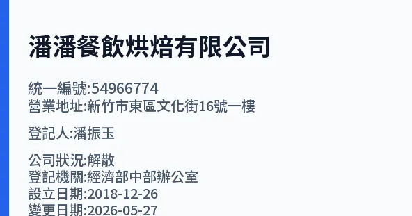 潘潘餐飲烘焙有限公司的照片-統編 54966774(新竹市) 公司登記資料與營業項目詳細圖表