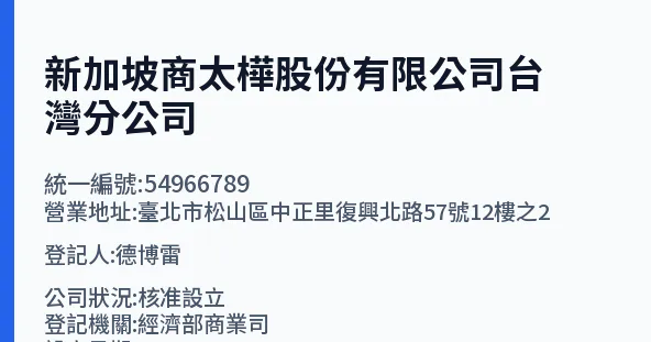 新加坡商太樺股份有限公司台灣分公司的照片-統編 54966789(臺北市) 公司登記資料與營業項目詳細圖表