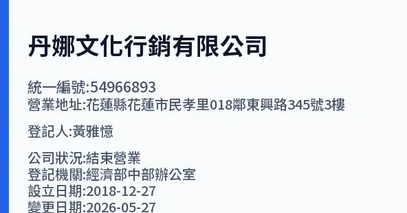 丹娜文化行銷有限公司的照片-統編 54966893(花蓮縣) 公司登記資料與營業項目詳細圖表