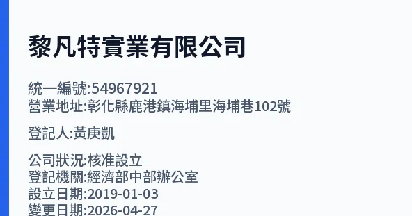 黎凡特實業有限公司的照片-統編 54967921(彰化縣) 公司登記資料與營業項目詳細圖表