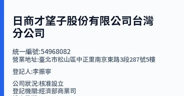 日商才望子股份有限公司台灣分公司的照片-統編 54968082(臺北市) 公司登記資料與營業項目詳細圖表