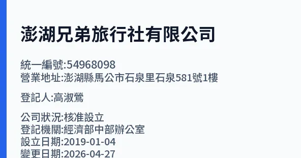 澎湖兄弟旅行社有限公司的照片-統編 54968098(澎湖縣) 公司登記資料與營業項目詳細圖表