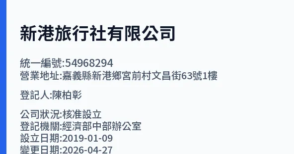 新港旅行社有限公司的照片-統編 54968294(嘉義縣) 公司登記資料與營業項目詳細圖表