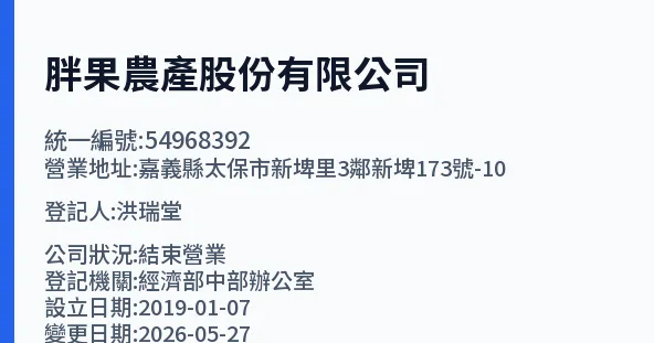 胖果農產股份有限公司的照片-統編 54968392(嘉義縣) 公司登記資料與營業項目詳細圖表