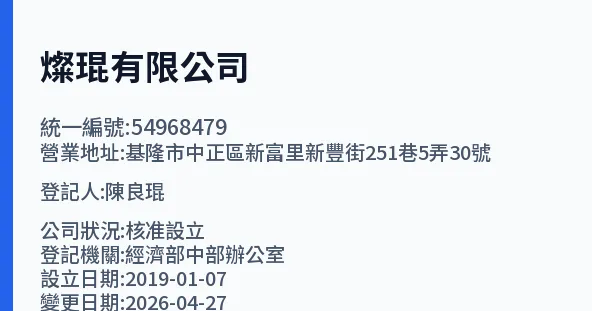 燦琨有限公司的照片-統編 54968479(基隆市) 公司登記資料與營業項目詳細圖表
