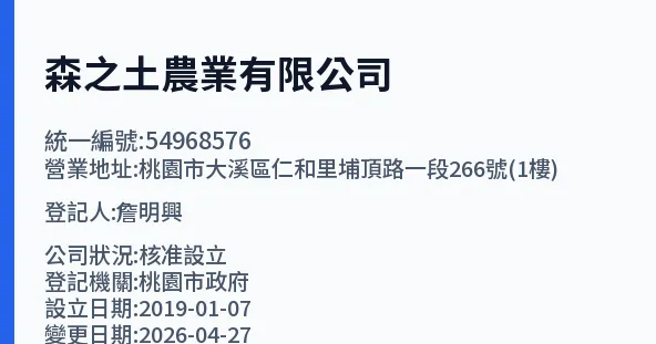 森之土農業有限公司的照片-統編 54968576(桃園市) 公司登記資料與營業項目詳細圖表