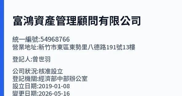 富鴻資產管理顧問有限公司的照片-統編 54968766(新竹市) 公司登記資料與營業項目詳細圖表