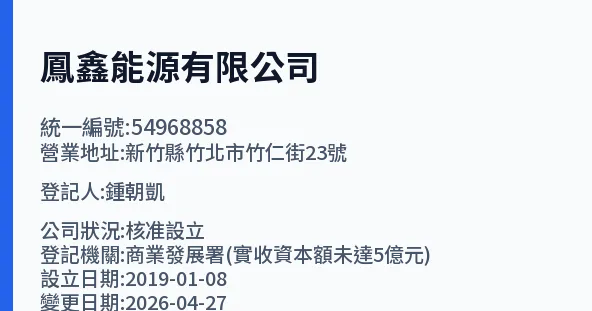 鳳鑫能源有限公司的照片-統編 54968858(新竹縣) 公司登記資料與營業項目詳細圖表