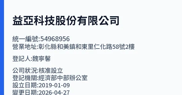 益亞科技股份有限公司的照片-統編 54968956(彰化縣) 公司登記資料與營業項目詳細圖表