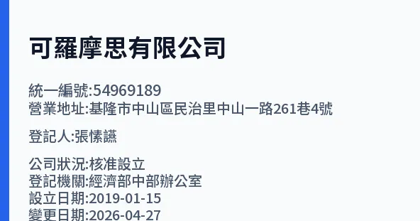 可羅摩思有限公司的照片-統編 54969189(基隆市) 公司登記資料與營業項目詳細圖表
