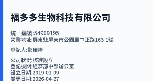 福多多生物科技有限公司的照片-統編 54969195(屏東縣) 公司登記資料與營業項目詳細圖表