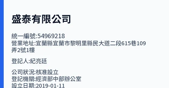 盛泰有限公司的照片-統編 54969218(宜蘭縣) 公司登記資料與營業項目詳細圖表