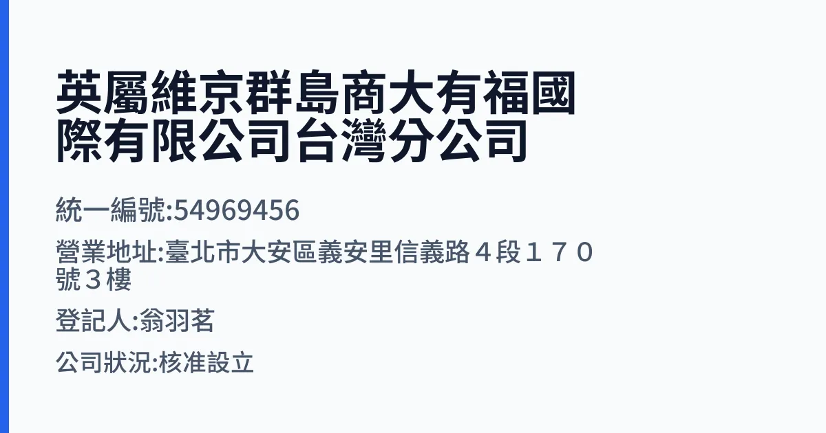 英屬維京群島商大有福國際有限公司台灣分公司 - 統編 54969456(臺北市) 公司登記資料與營業項目詳細圖表
