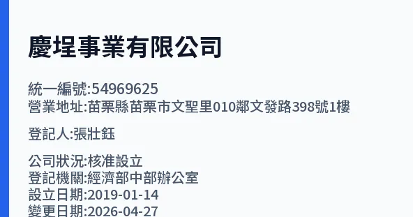 慶埕事業有限公司的照片-統編 54969625(苗栗縣) 公司登記資料與營業項目詳細圖表