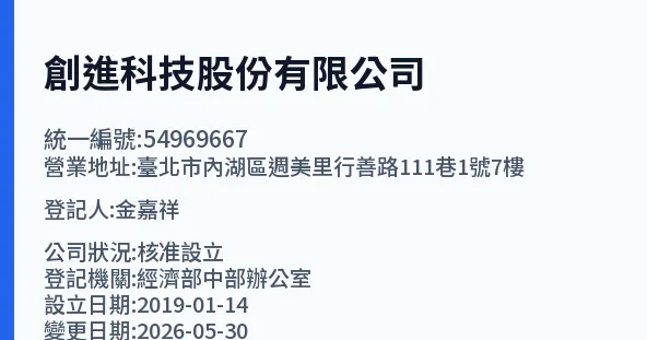 創進科技股份有限公司的照片-統編 54969667(臺北市) 公司登記資料與營業項目詳細圖表