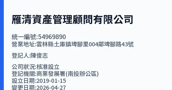 雁清資產管理顧問有限公司的照片-統編 54969890(雲林縣) 公司登記資料與營業項目詳細圖表