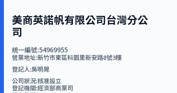 美商英諾帆有限公司台灣分公司的照片-統編 54969955(新竹市) 公司登記資料與營業項目詳細圖表