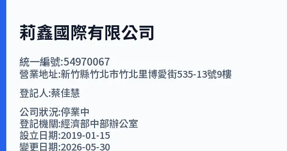 莉鑫國際有限公司的照片-統編 54970067(新竹縣) 公司登記資料與營業項目詳細圖表