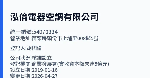 泓倫電器空調有限公司的照片-統編 54970334(苗栗縣) 公司登記資料與營業項目詳細圖表