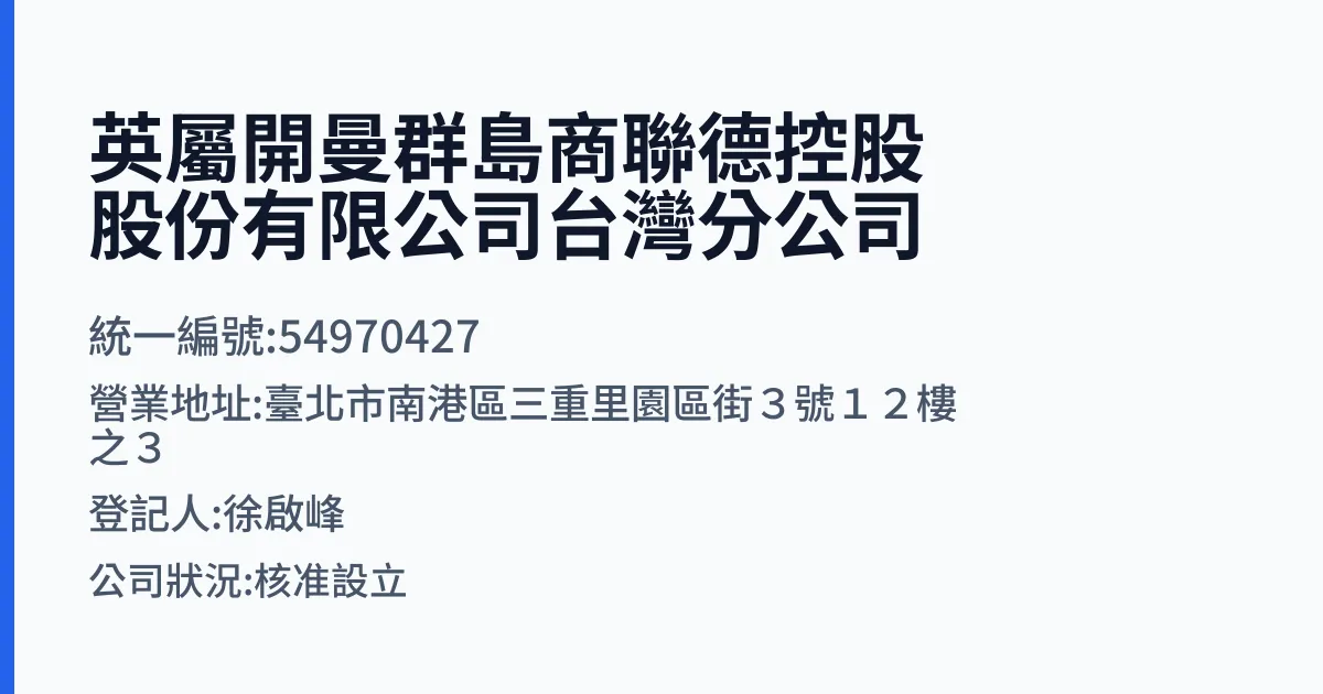 英屬開曼群島商聯德控股股份有限公司台灣分公司 - 統編 54970427(臺北市) 公司登記資料與營業項目詳細圖表