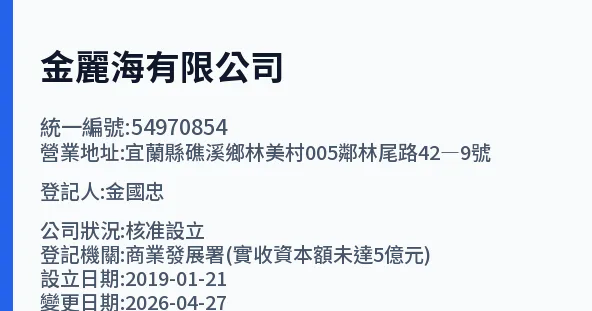 金麗海有限公司的照片-統編 54970854(宜蘭縣) 公司登記資料與營業項目詳細圖表