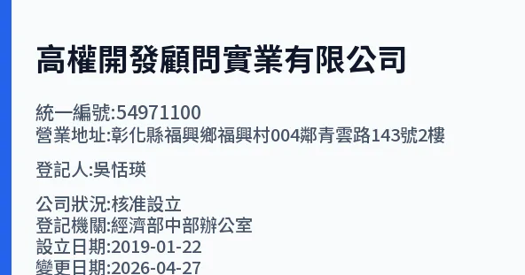 高權開發顧問實業有限公司的照片-統編 54971100(彰化縣) 公司登記資料與營業項目詳細圖表