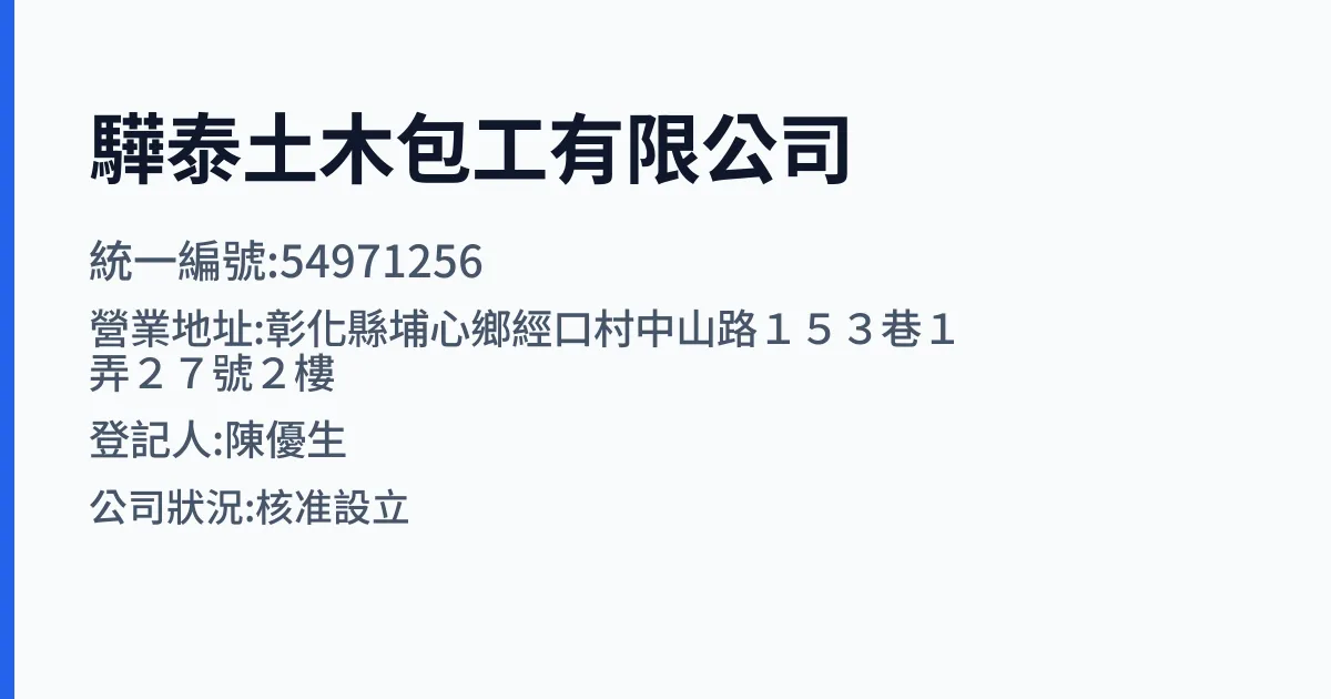 驊泰土木包工有限公司 - 統編 54971256(彰化縣) 公司登記資料與營業項目詳細圖表