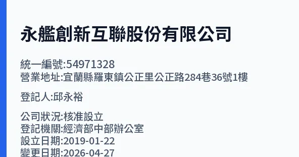 永艦創新互聯股份有限公司的照片-統編 54971328(宜蘭縣) 公司登記資料與營業項目詳細圖表