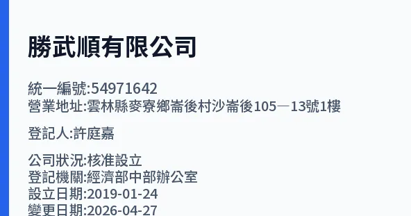 勝武順有限公司的照片-統編 54971642(雲林縣) 公司登記資料與營業項目詳細圖表