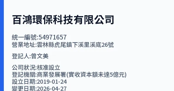 百鴻環保科技有限公司的照片-統編 54971657(雲林縣) 公司登記資料與營業項目詳細圖表