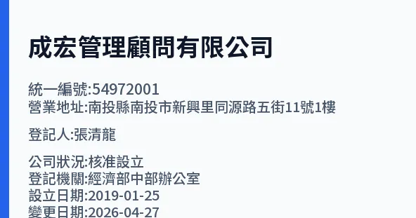 成宏管理顧問有限公司的照片-統編 54972001(南投縣) 公司登記資料與營業項目詳細圖表