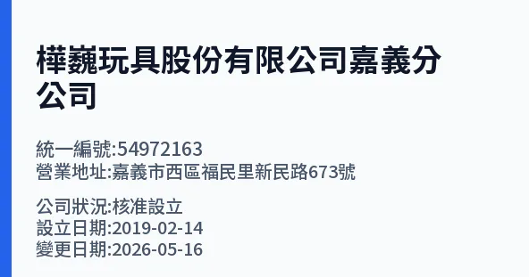 樺巍玩具股份有限公司嘉義分公司的照片-統編 54972163(嘉義市) 公司登記資料與營業項目詳細圖表
