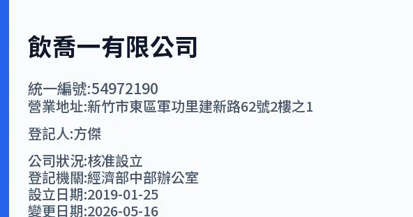 飲喬一有限公司的照片-統編 54972190(新竹市) 公司登記資料與營業項目詳細圖表