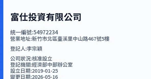 富仕投資有限公司的照片-統編 54972234(新竹市) 公司登記資料與營業項目詳細圖表