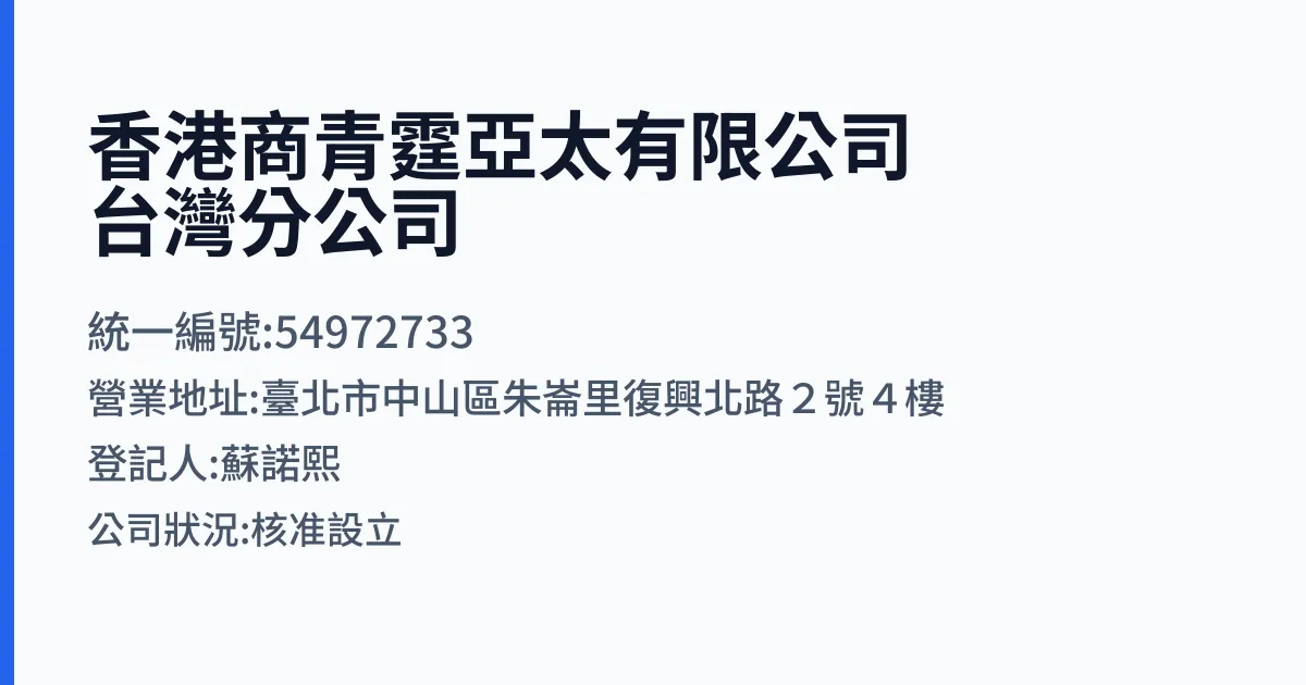 香港商青霆亞太有限公司台灣分公司 - 統編 54972733(臺北市) 公司登記資料與營業項目詳細圖表