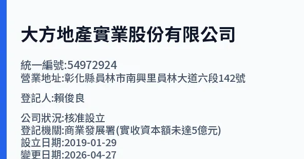 大方地產實業股份有限公司的照片-統編 54972924(彰化縣) 公司登記資料與營業項目詳細圖表