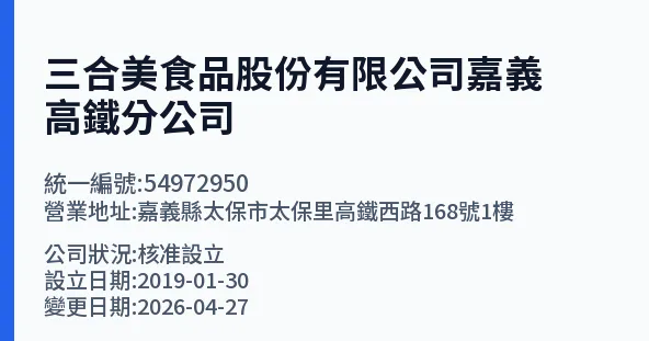 三合美食品股份有限公司嘉義高鐵分公司的照片-統編 54972950(嘉義縣) 公司登記資料與營業項目詳細圖表
