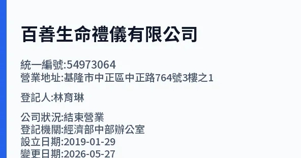 百善生命禮儀有限公司的照片-統編 54973064(基隆市) 公司登記資料與營業項目詳細圖表