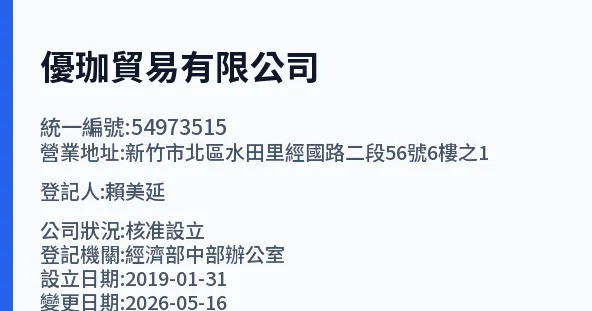 優珈貿易有限公司的照片-統編 54973515(新竹市) 公司登記資料與營業項目詳細圖表