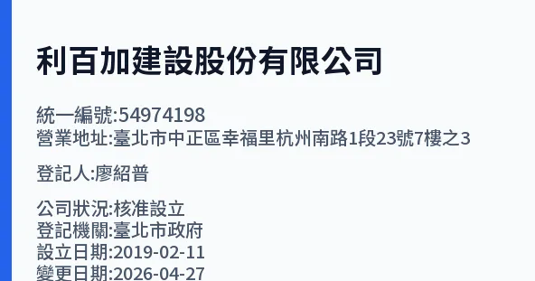 利百加建設股份有限公司的照片-統編 54974198(臺北市) 公司登記資料與營業項目詳細圖表