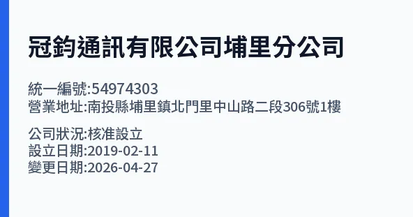 冠鈞通訊有限公司埔里分公司的照片-統編 54974303(南投縣) 公司登記資料與營業項目詳細圖表