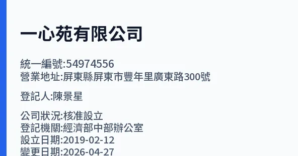 一心苑有限公司的照片-統編 54974556(屏東縣) 公司登記資料與營業項目詳細圖表