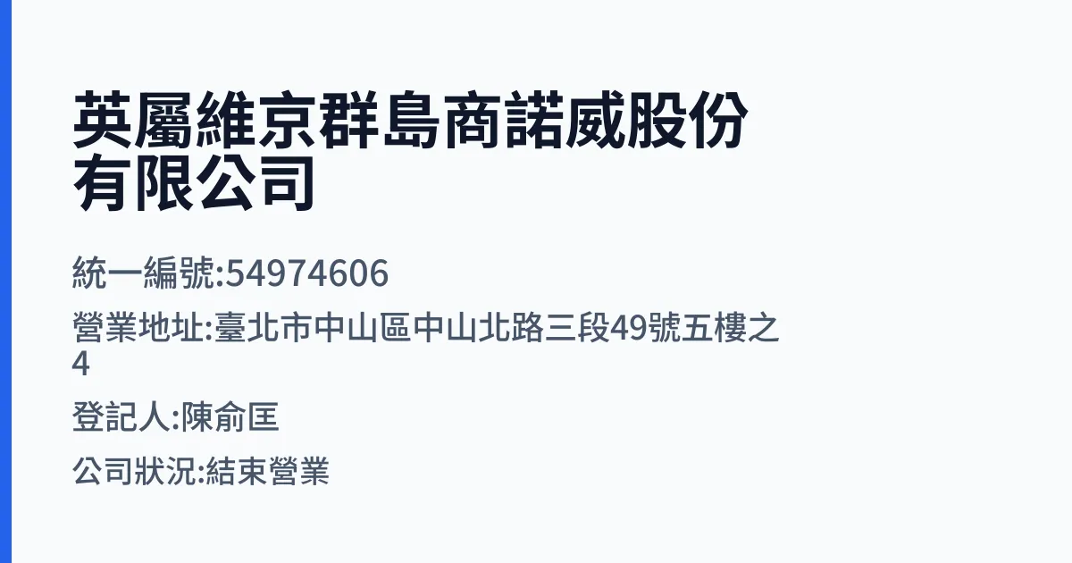 英屬維京群島商諾威股份有限公司 - 統編 54974606(臺北市) 公司登記資料與營業項目詳細圖表