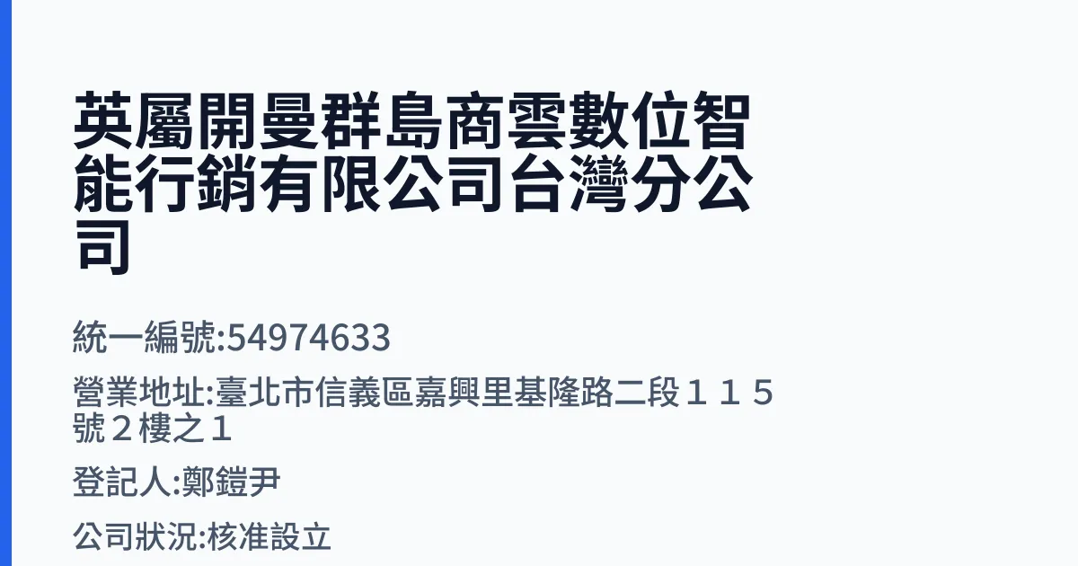 英屬開曼群島商雲數位智能行銷有限公司台灣分公司 - 統編 54974633(臺北市) 公司登記資料與營業項目詳細圖表