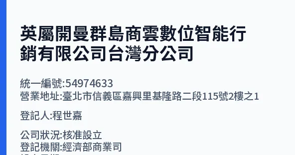 英屬開曼群島商雲數位智能行銷有限公司台灣分公司的照片-統編 54974633(臺北市) 公司登記資料與營業項目詳細圖表